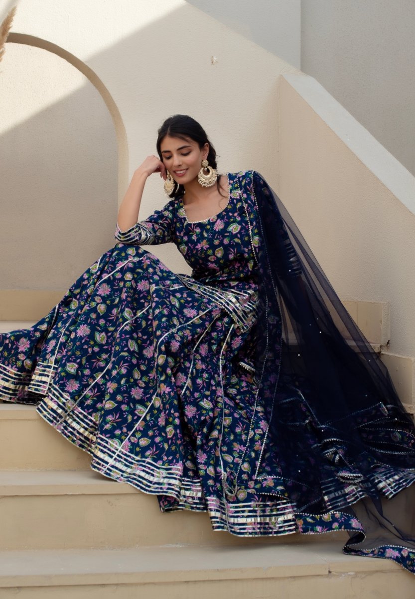 CHHIPA BAZAR TULSI BLUE COTTON GOTA PATTI SKIRT SET WITH SOFT NET DUPA
