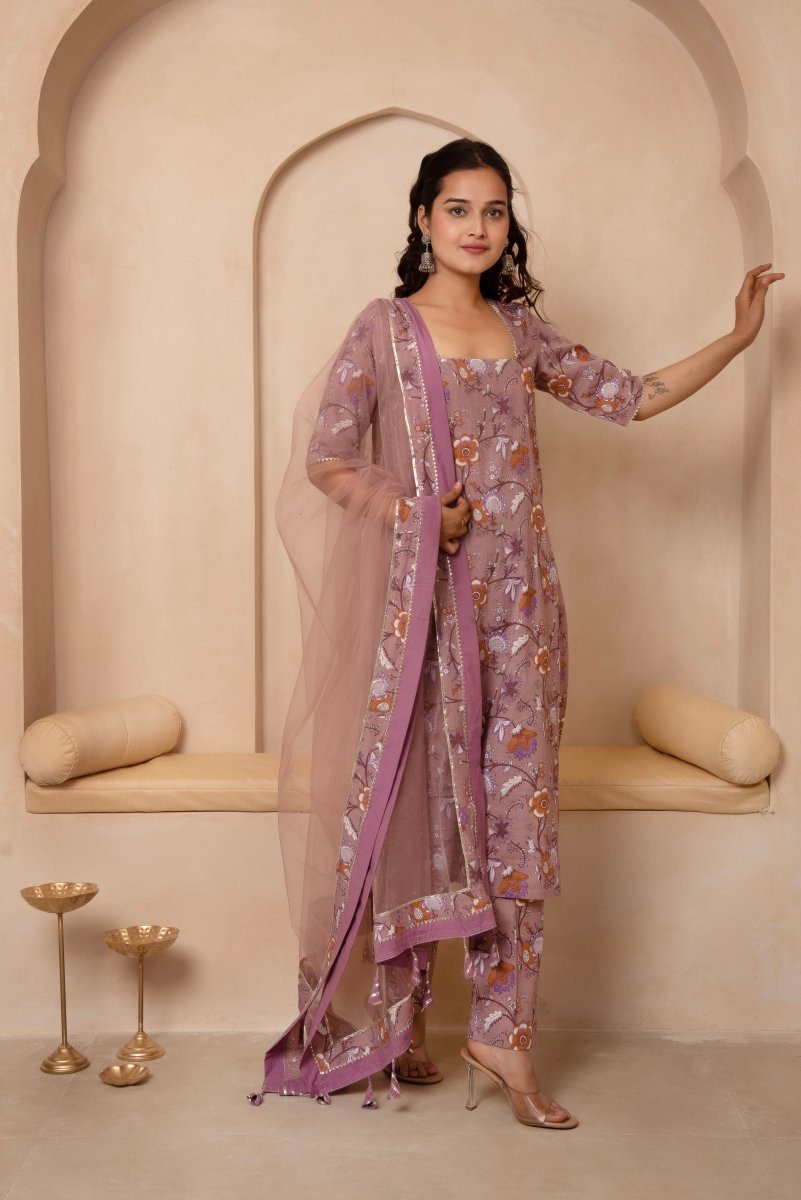 DHOOP CHAAV MAUVE FLORAL COTTON STRAIGHT SUIT SET WITH SOFT NET DUPATT ...