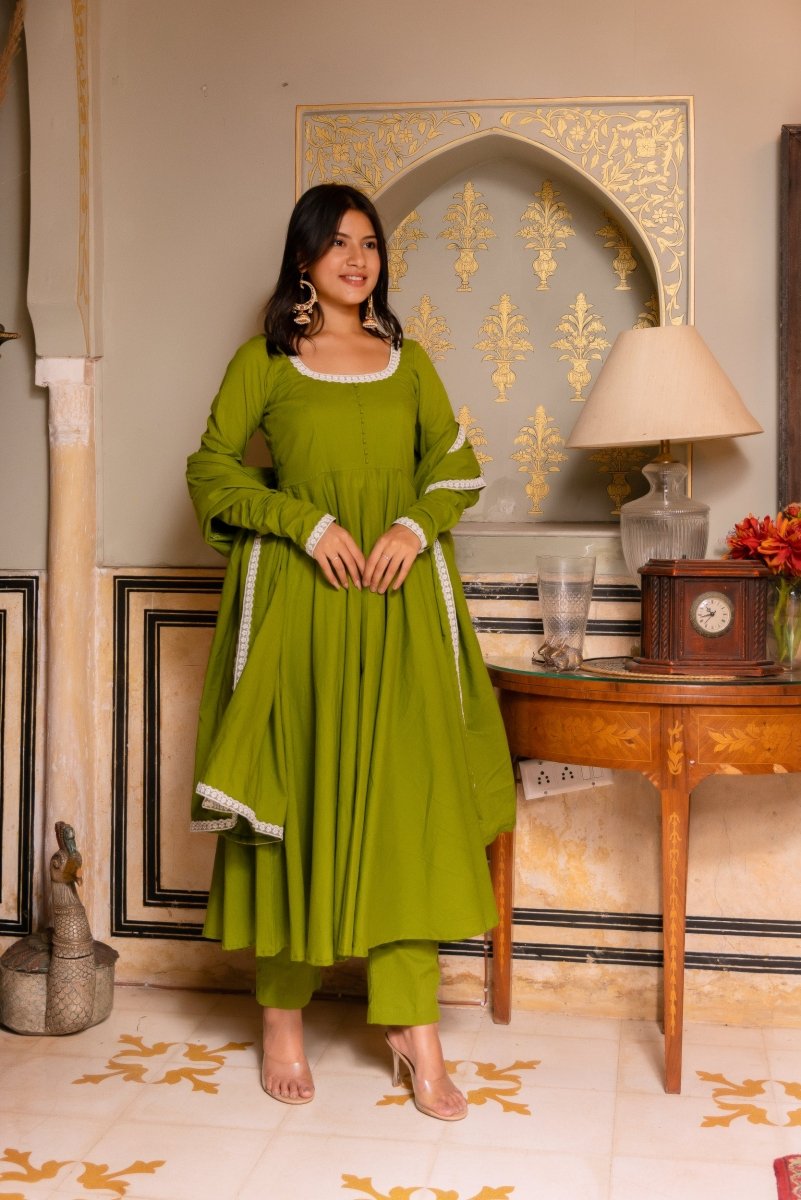 SUNHARI GREEN COTTON EMBROIDERY ANARKALI SET WITH COTTON EMBROIDERED D ...